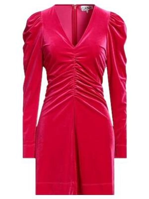 GANNI Ganni Velvet Gathered V-Neck Long Sleeve Dress