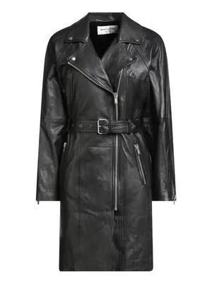 Saint Laurent Belted Leather Coat - Black