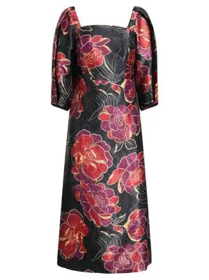 Farm Rio Square Neck Floral Midi Dress - Black
