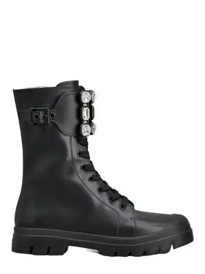 ROGER VIVIER Walky Viv Strass Buckle Lace Up Boots In Leather - Black