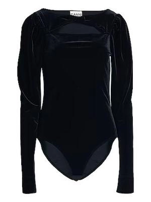 GANNI Long Sleeve Velvet Bodysuit With Bow Detail - Black