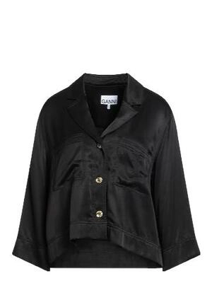 GANNI Satin Shirt With Lapel Collar - Black