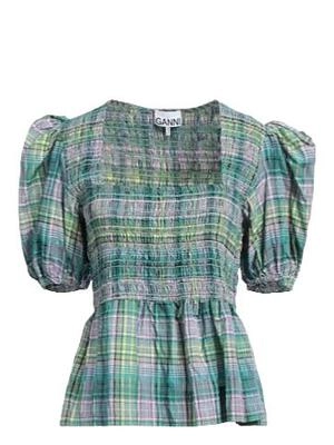 GANNI Ganni Woven Gathered Tartan Pattern Square Neckline Blouse