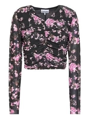 GANNI Floral Print Tulle Gathered V-neck Cropped Top - Black
