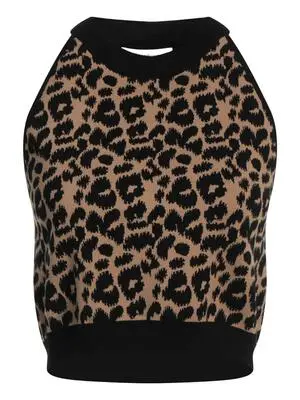 Max Mara Sleeveless Crewneck Knit Top With Leopard Print - Black
