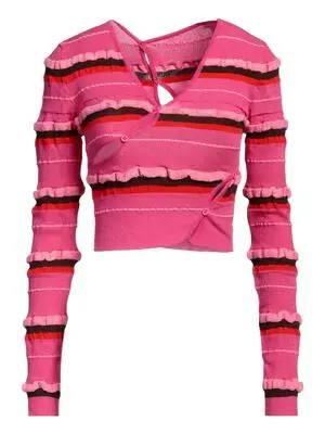 Jacquemus Striped V-neck Long Sleeve Sweater With Ruffle Detail - Pink