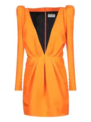 Saint Laurent Long Sleeve Deep V-neck Draped Dress - Orange
