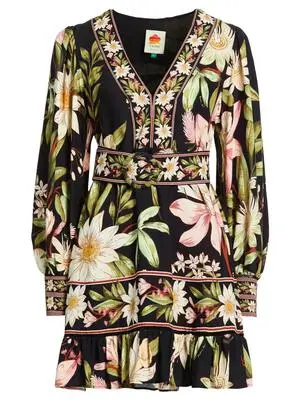 Farm Rio Long Sleeve V-neck Floral Dress - Black