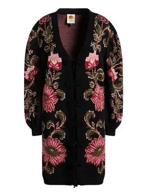 Farm Rio Floral Jacquard-knit Long Sleeve Cardigan - Black