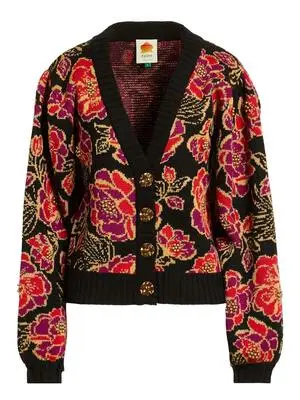 FARM RIO Farm Rio Floral Print Metallic Jacquard Knit Cardigan