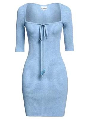 GANNI Ribbed Knit Square Neck Dress With Tie Detail - Blue