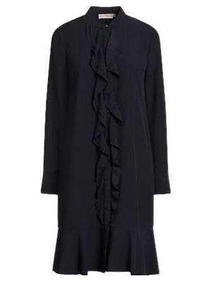 Tory Burch Midi Dress With Ruffled Hem And Stand Collar - Black