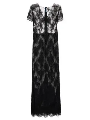 Prada Prada V-Neck Lace Maxi Dress With Short Sleeves And Back Slits Black