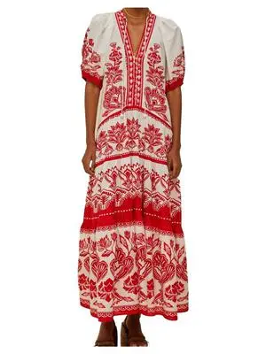 Farm Rio Farm Rio Floral Pattern Puff-Sleeve Midi Dress Red