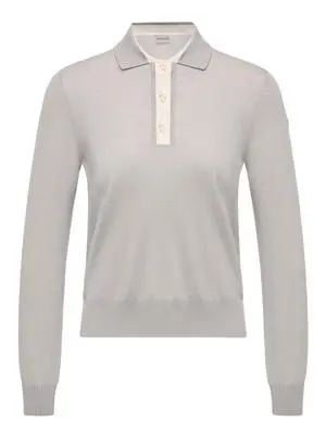Moncler Wool Long Sleeve Polo Shirt With Viscose Trim - Grey