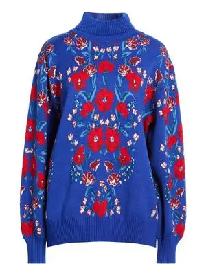 Farm Rio Floral-print Jacquard Knit Turtleneck Sweater - Blue