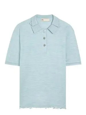 Tory Burch Tory Burch Silk-Blend Polo Top With Distressed Hem Blue