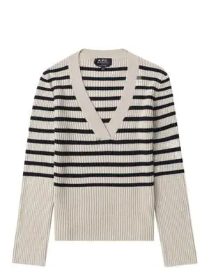 A.p.c. Striped V-neck Ribbed-knit Jumper - Nude