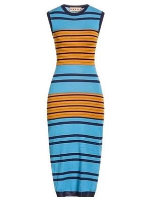 Marni Sleeveless Crewneck Striped Stretch Knit Dress - Blue