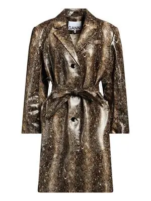 GANNI Snakeskin-print Belted Full-length Jacket - Brown