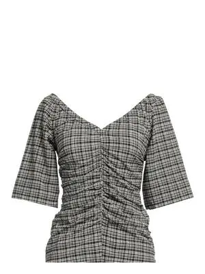 GANNI Plaid Ruched V-neck Top - Gray