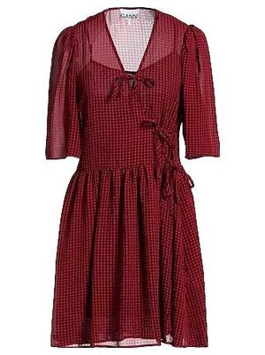 GANNI Plaid Seersucker Short Sleeve Wrap Dress - Red
