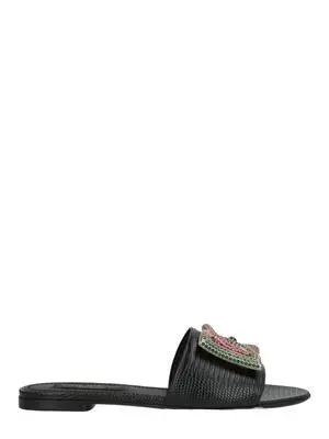 Dolce & Gabbana Embellished Lizard-effect Leather Slide Sandals - Black