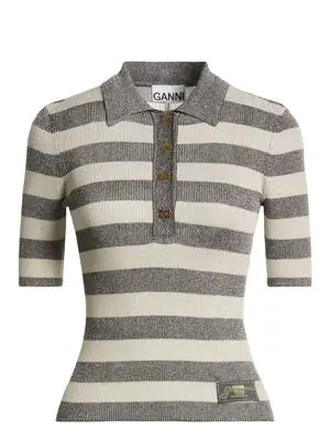 GANNI Striped Knit Polo Shirt - Gray