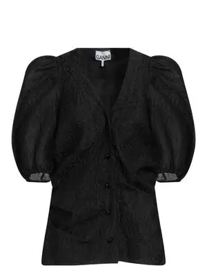 GANNI Jacquard Puff Sleeve V-neck Shirt - Black