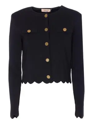 TWINSET Crocheted Buttoned Crewneck Jacket - Black