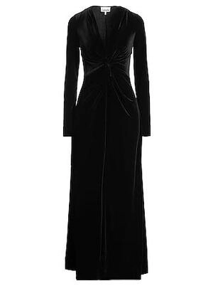 GANNI Stretch Velvet Deep Neckline Long Sleeve Dress With Front Slit - Black