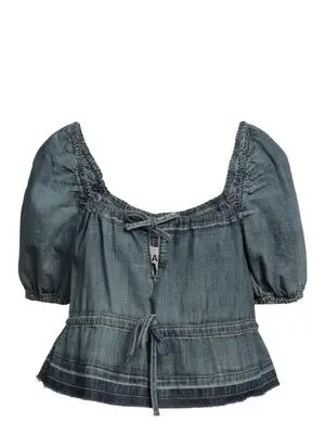 GANNI Denim Short Sleeve Top With Lace-up Detail - Green