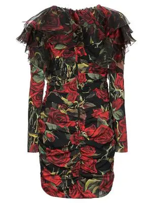 Dolce & Gabbana Floral Print Long Sleeve Ruched Dress - Black