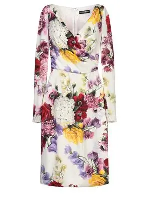 Dolce & Gabbana Floral Print Long Sleeve V-neck Dress - White