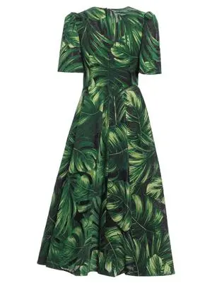 Dolce & Gabbana Leaf Print Jacquard Flared Dress - Green