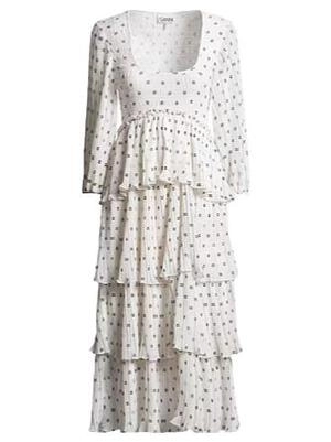 GANNI Polka Dot Tiered Midi Dress - White