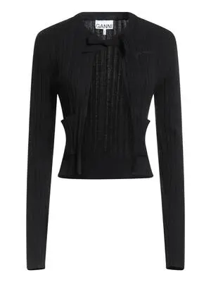 GANNI Ribbed Knit Cardigan With Tie Detail - Black