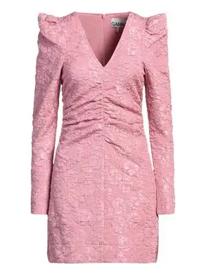 GANNI Long Sleeve Ruched V-neck Dress - Pink