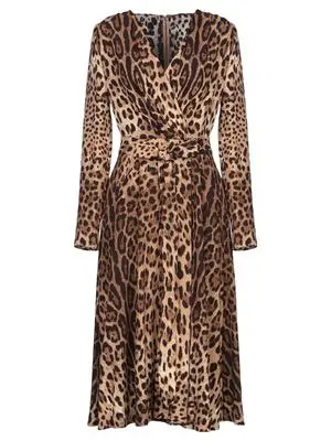 Dolce & Gabbana V-neck Leopard Print Long Sleeve Belted Dress - Brown