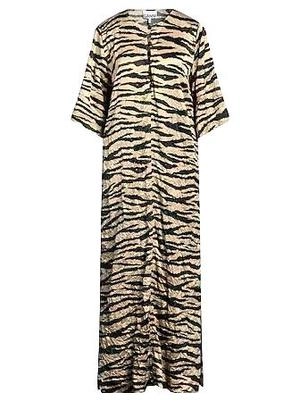 GANNI Tiger Print Satin Dress With 3/4 Sleeves - Nude