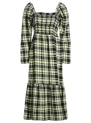 GANNI Ganni Plaid Off-the-Shoulder Seersucker Dress