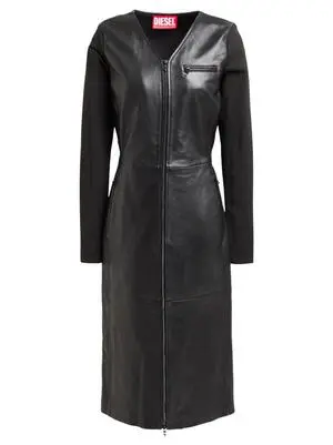 DIESEL® Leather V-neck Midi Dress With Zip Fastening - Black