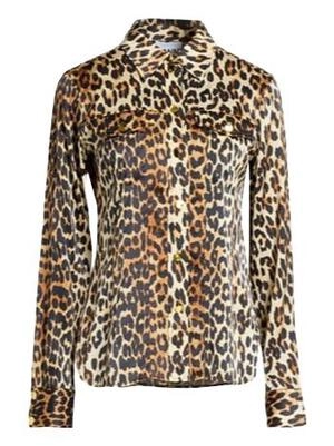GANNI Leopard Print Satin Long Sleeve Shirt - Nude