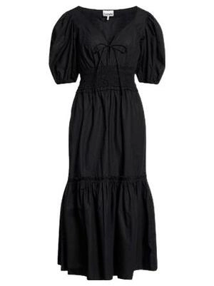 GANNI Flared Midi Dress With V-neck And Shirring - Black