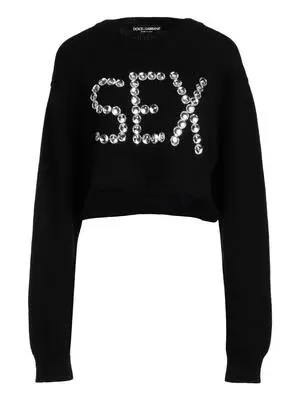 DOLCE & GABBANA Dolce & Gabbana Black Cashmere Crew Neck Embellished Cropped Sweater