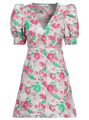 GANNI Floral Brocade Puff Sleeve V-neck Dress - Pink