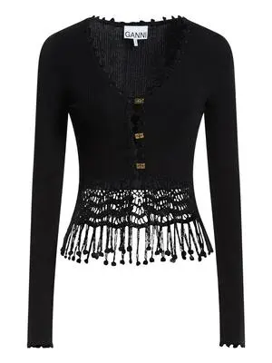 GANNI Ganni Ribbed Knit Button-Down Cardigan With Lace And Tassel Trim