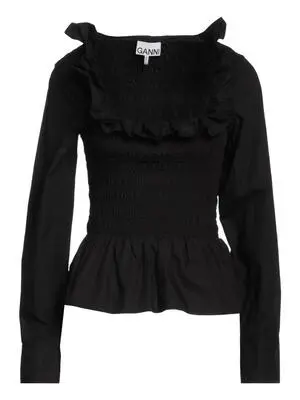 GANNI Square Neck Ruffled Long Sleeve Top - Black