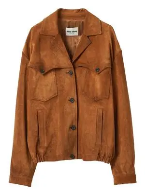 Miu Miu Suede Jacket With Embossed Logo - Brown
