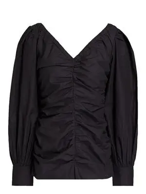 GANNI Pleated V-neck Long Sleeve Blouse - Black